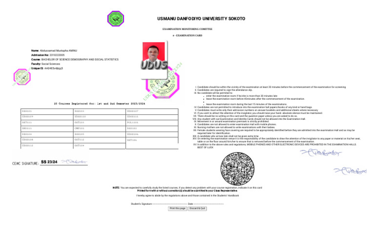 Student Examination Card - UDUS | PDF