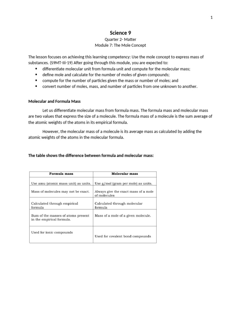 Science 9 Q2 Module 7 | PDF | Mole (Unit) | Molecules