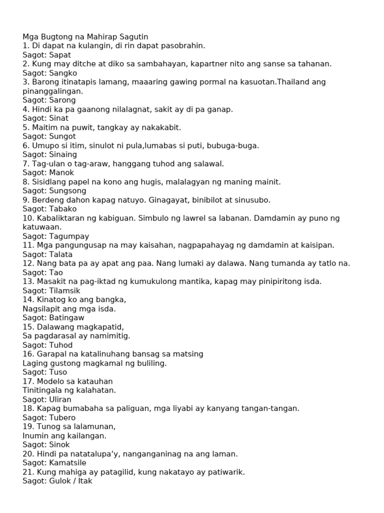 Mga Bugtong Na Mahirap Sagutin | PDF