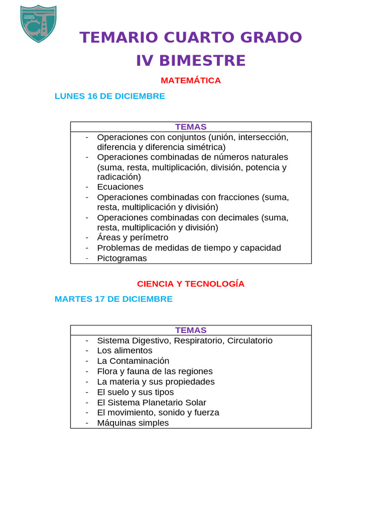 Temario Exámenes Cuarto Grado | PDF