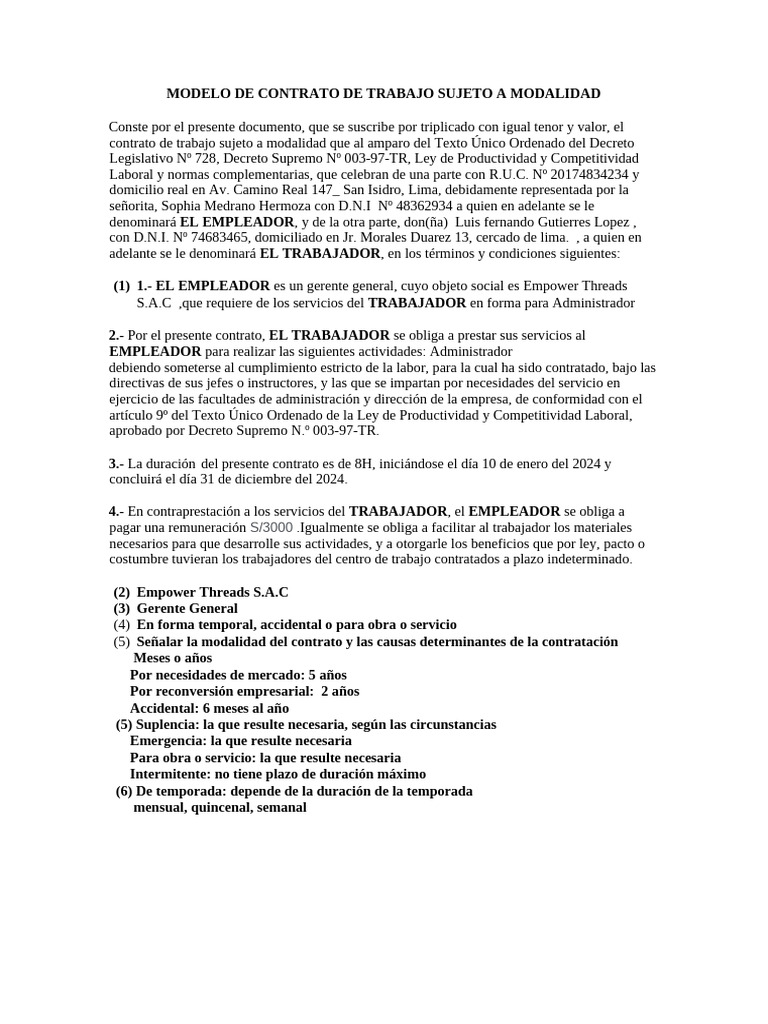 Contrato de Trabajo Sujeto A Modalidad 1 | PDF | Derecho laboral | Personal