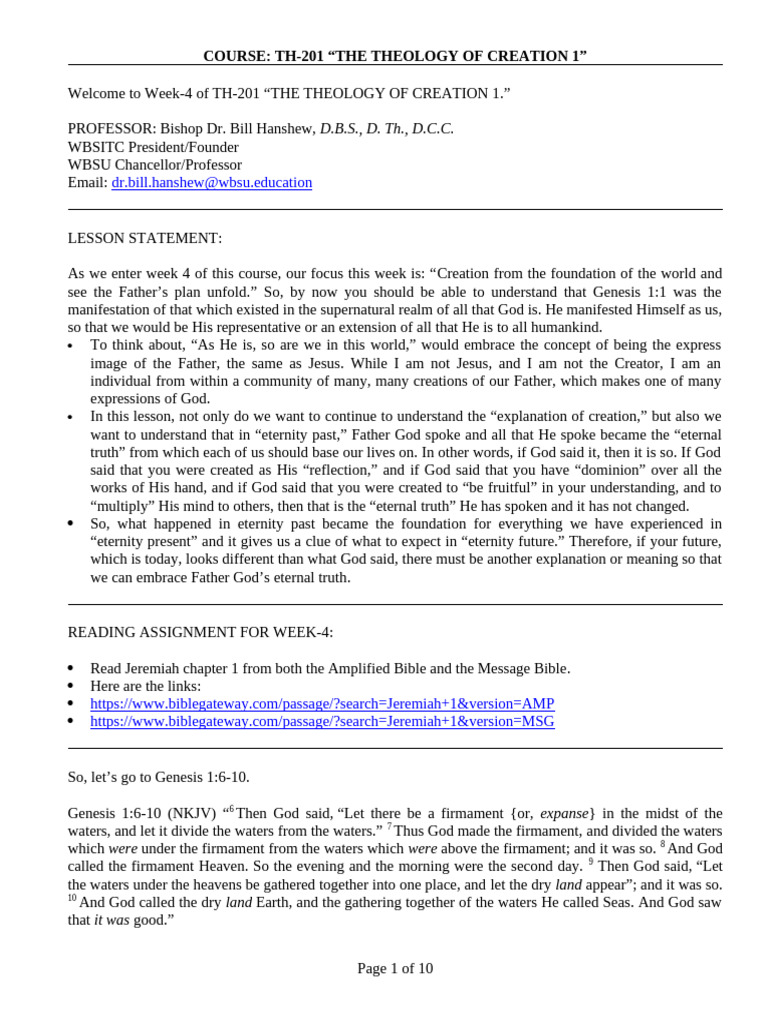 TH-201 THE THEOLOGY OF CREATION 1 Student Lesson (Week-4) | PDF ...