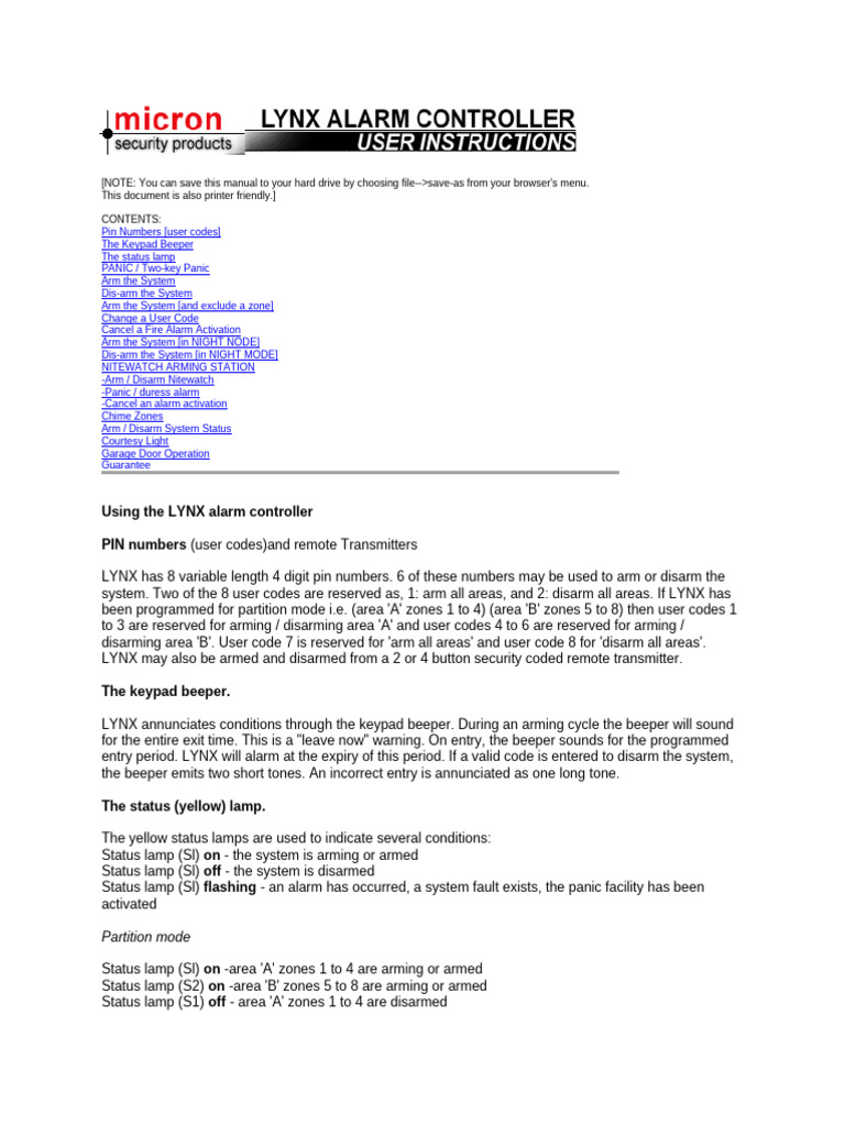 Using The LYNX Alarm Controller | PDF | Manufactured Goods | Electrical ...