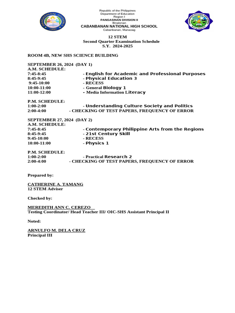 2nd Quarter Exam Schedule | PDF