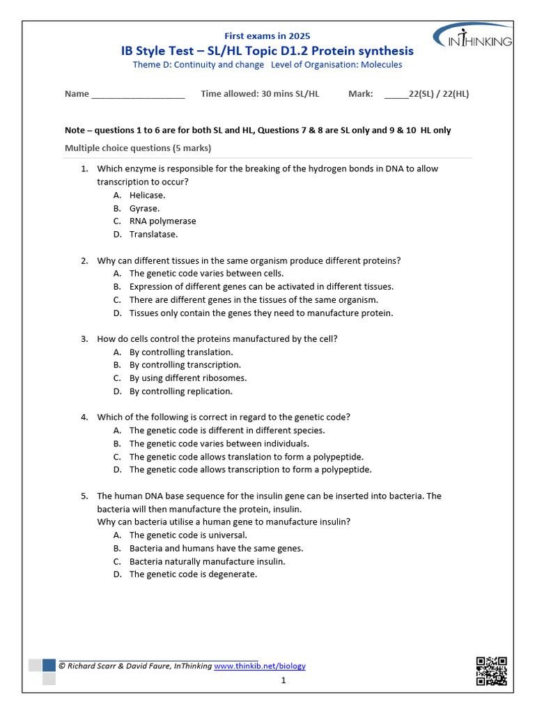 IB Biology D1.2 Protein Synthesis Exam | PDF | Gene | Translation (Biology)