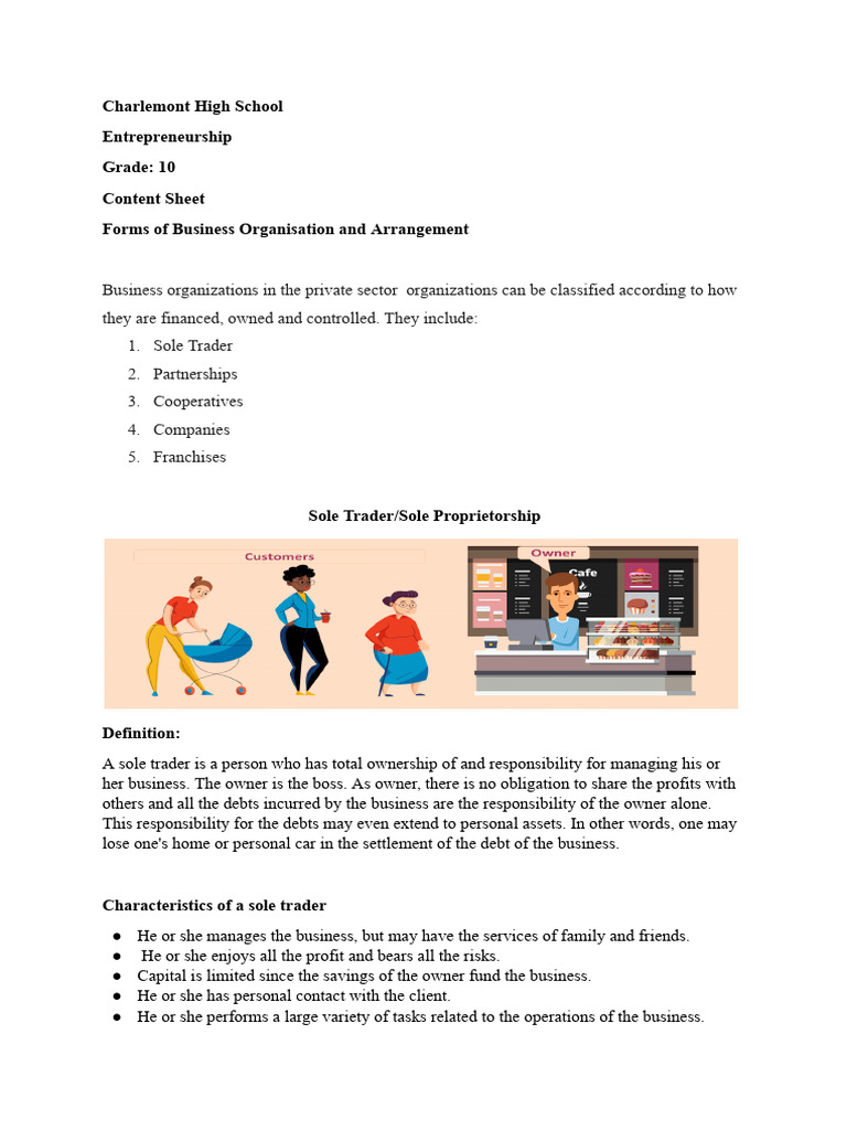 Forms of Business Organisation and Arrangement Sole Trader and ...