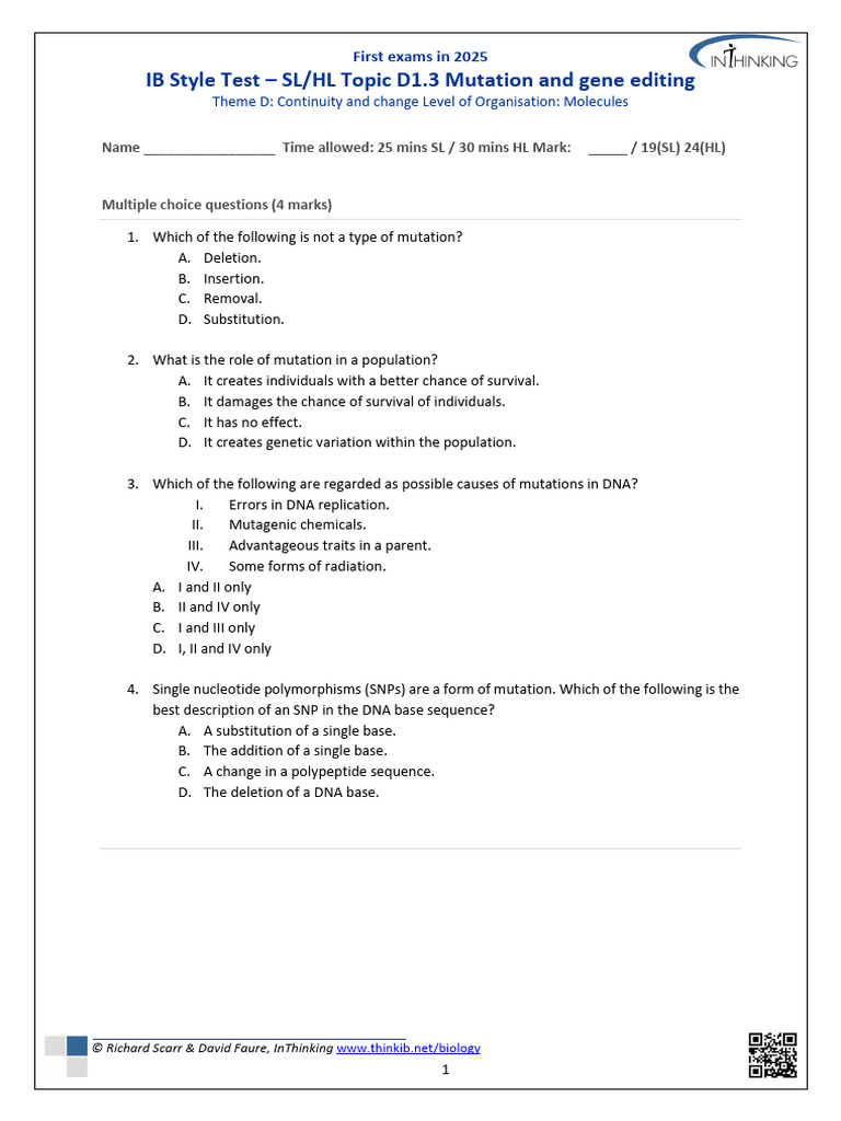 IB Test on Mutation and Gene Editing | PDF | Mutation | Gene