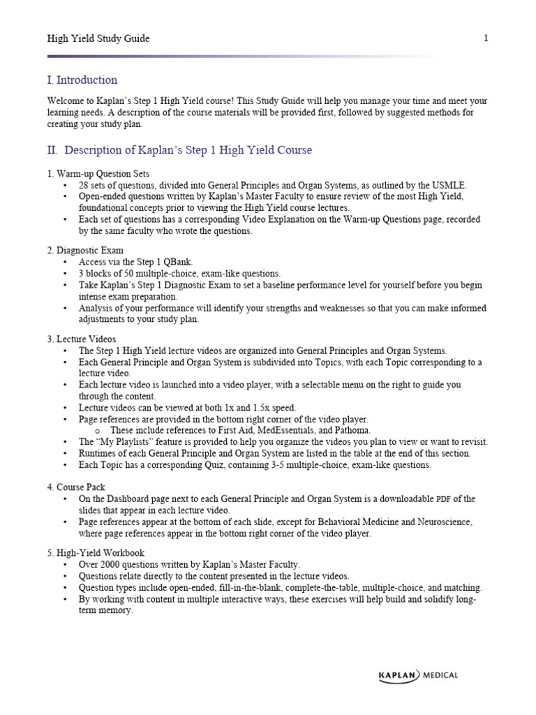 Kaplan Step 1 High Yield Study Guide | PDF | Multiple Choice | Medicine