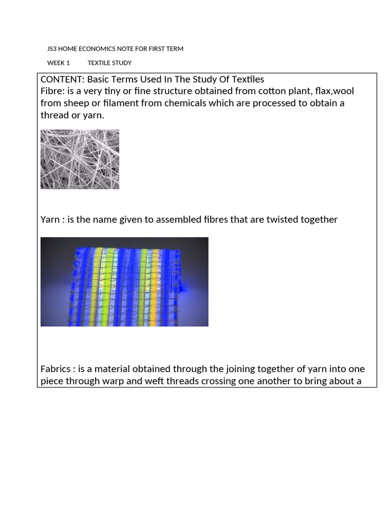 Textile Study for JS3 Home Economics | PDF | Yarn | Textiles