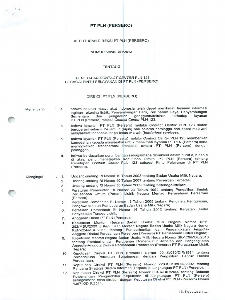 289.K.DIR.2013 Penetapan Contac Center PLN 123 SBG Pintu Pelayanan Di ...