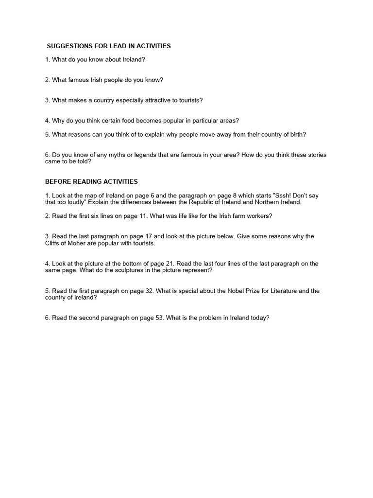Lead-In Activities and Before Reading Activities Questions | PDF