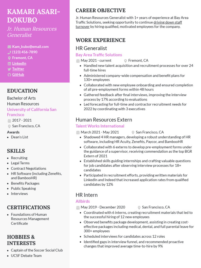 JR Human Resources Generalist Resume Example | PDF | Recruitment ...