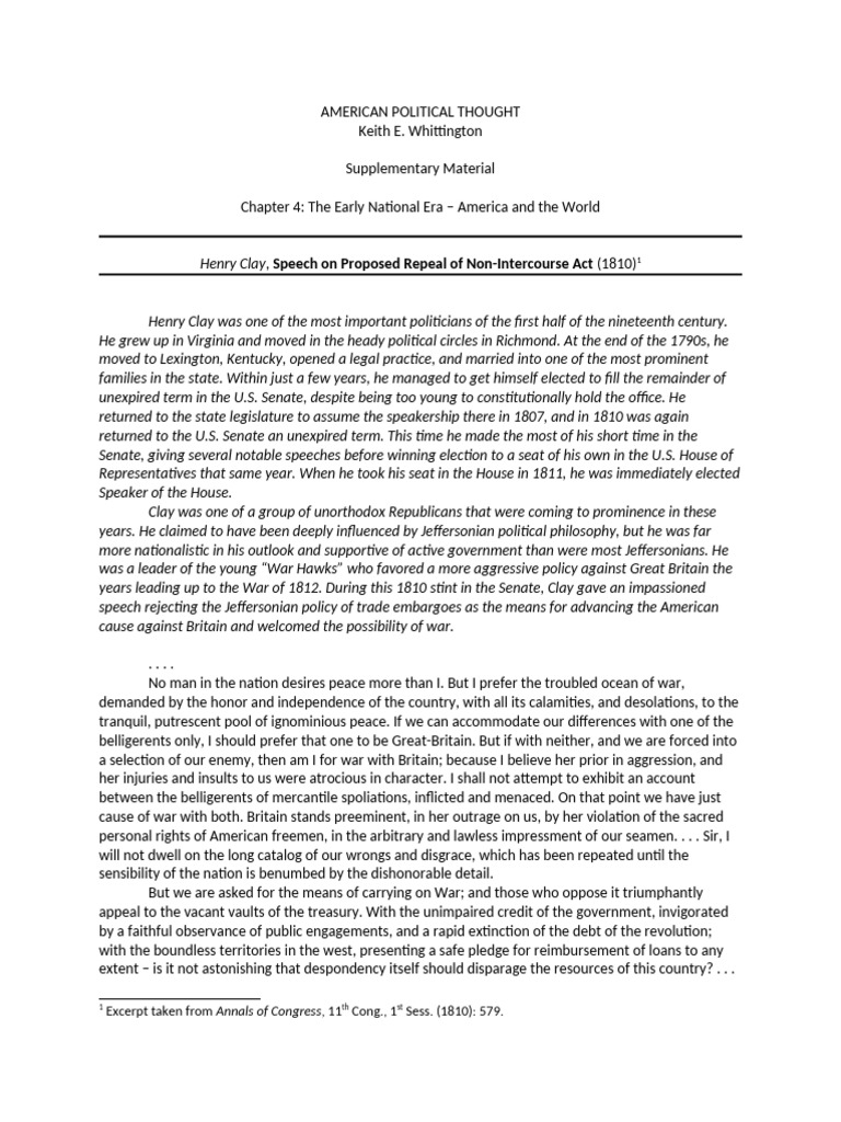 Clay Speech On Repeal of Non Intercourse Act | PDF