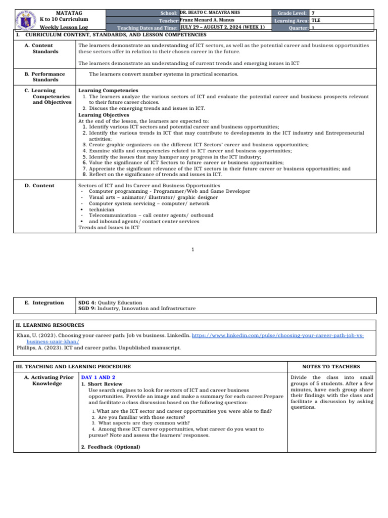 DLL Matatag - Tle 7 Q1 W1 - 050733 | PDF | Educational Technology ...