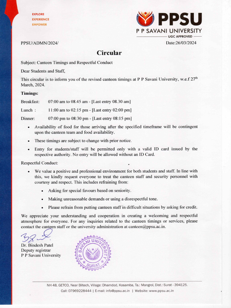 Circular For Canteen Timing | PDF