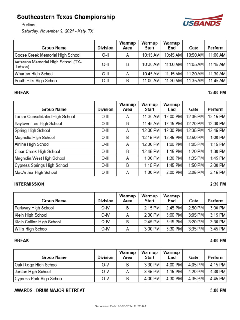 Southeastern Texas Championship Prelims Logistical Schedule | PDF