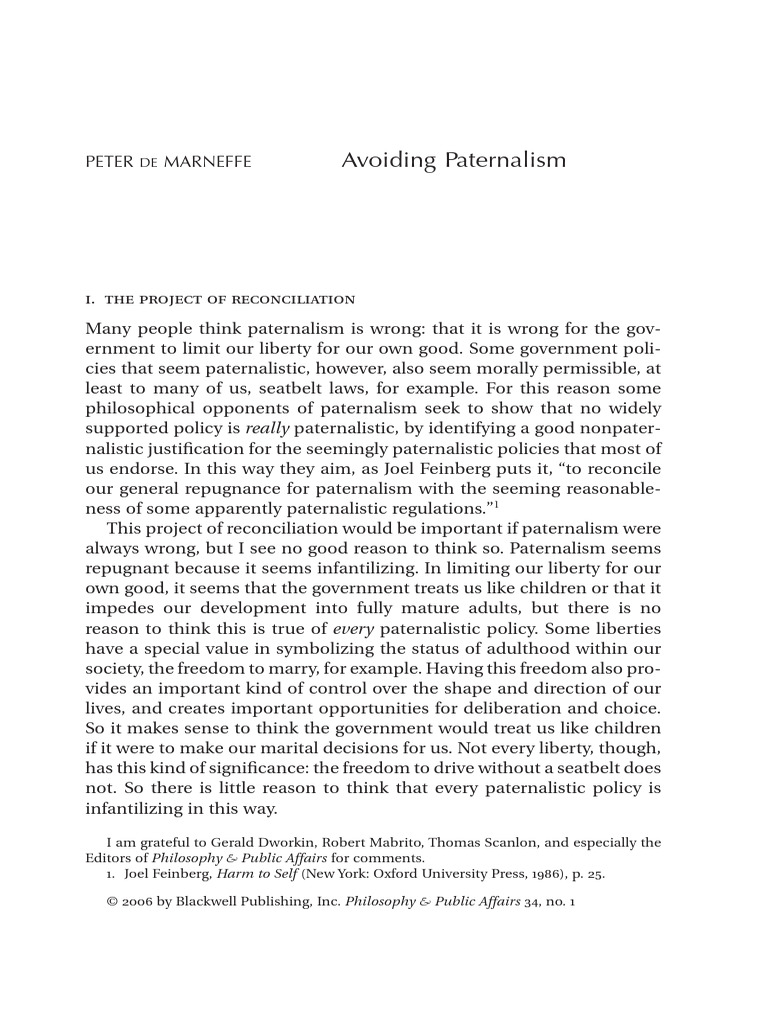 MARNEFFE-Avoiding Paternalism | PDF | Reason | Policy