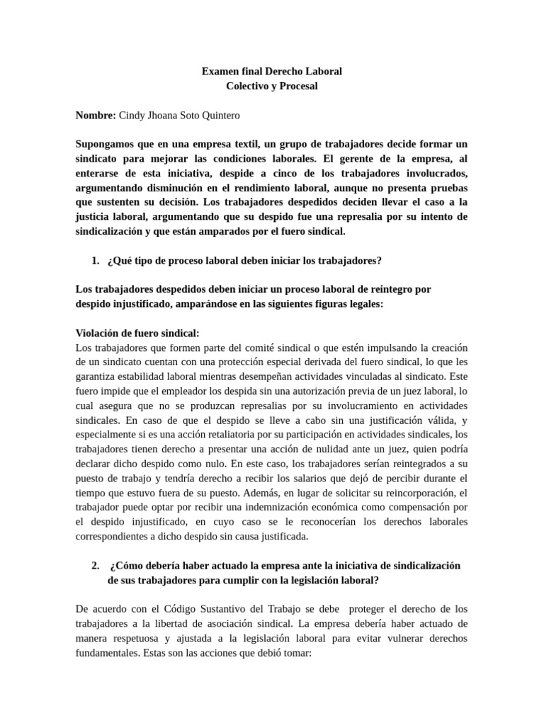 Examen Final Derecho Laboral | PDF | Derecho laboral | Sindicato
