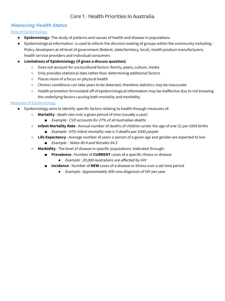 PDHPE HSC - Core 1 Notes - Health Priorities in Australia | PDF ...