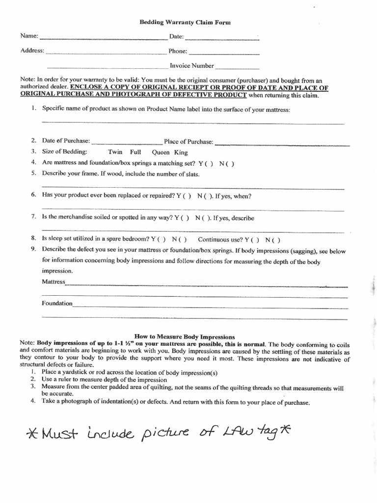 Mattress Warranty Claim Form Richmond Furniture Gallery 2022-03-11 | PDF