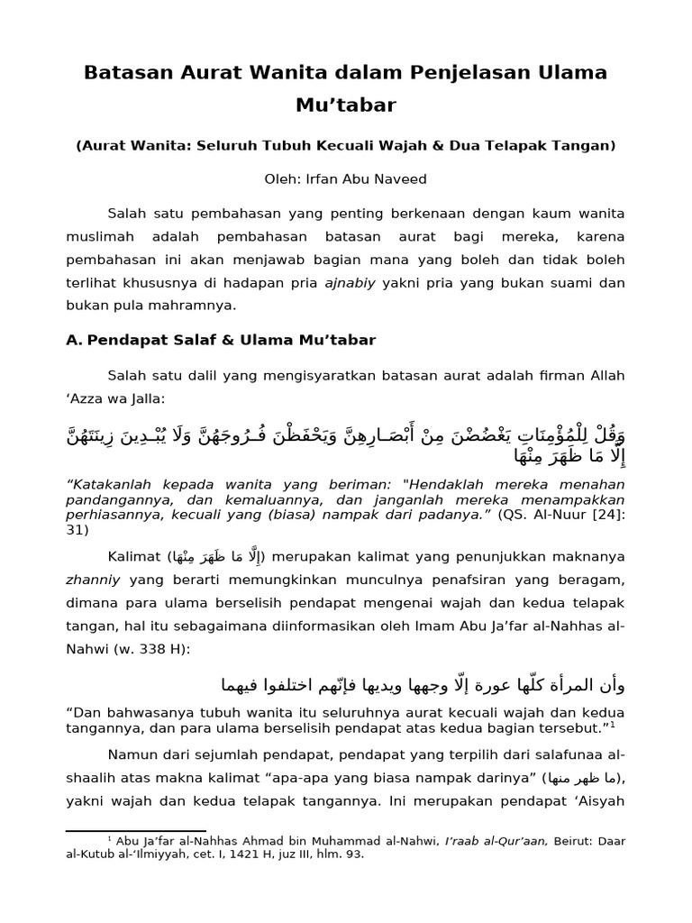 Batasan Aurat Wanita Menurut Ulama | PDF