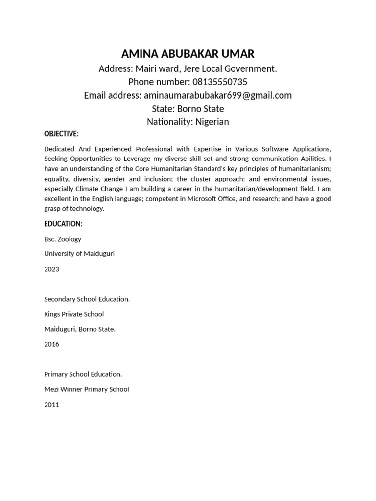 Humanitarian Professional Resume: Amina Umar | PDF