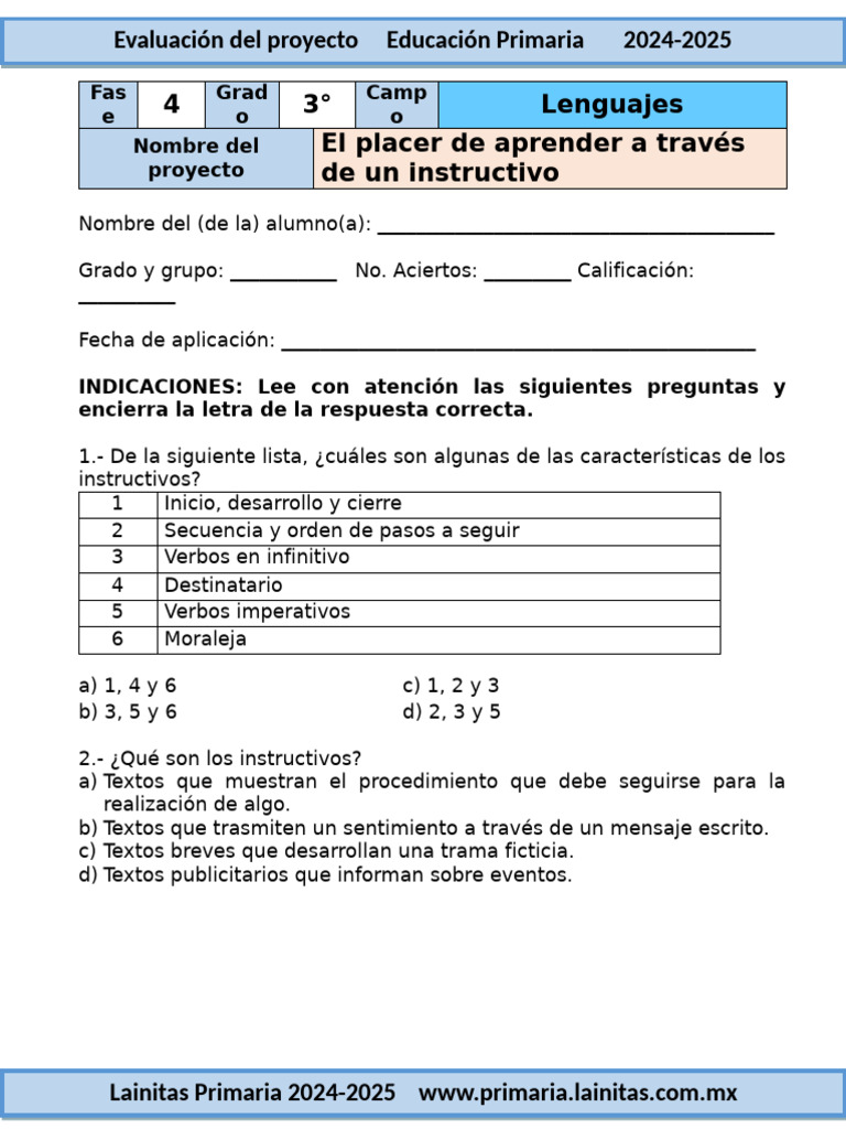 3er Grado Diciembre - Examen 01 El Placer de Aprender A Través de Un ...