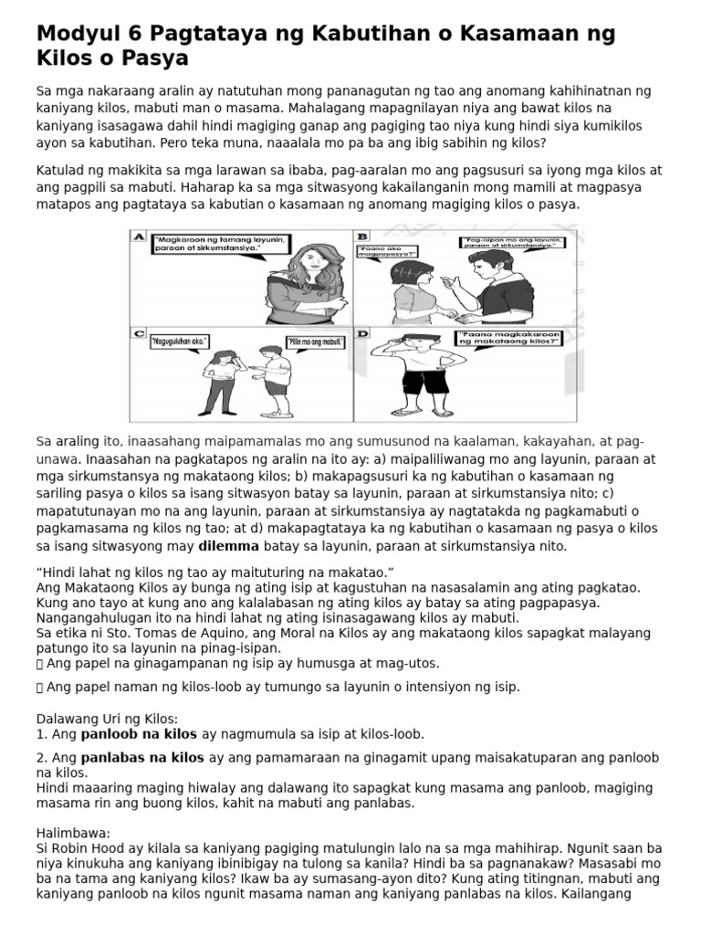 Modyul 6 Pagtataya NG Kabutihan o Kasamaan NG Kilos o Pagpapasiya | PDF