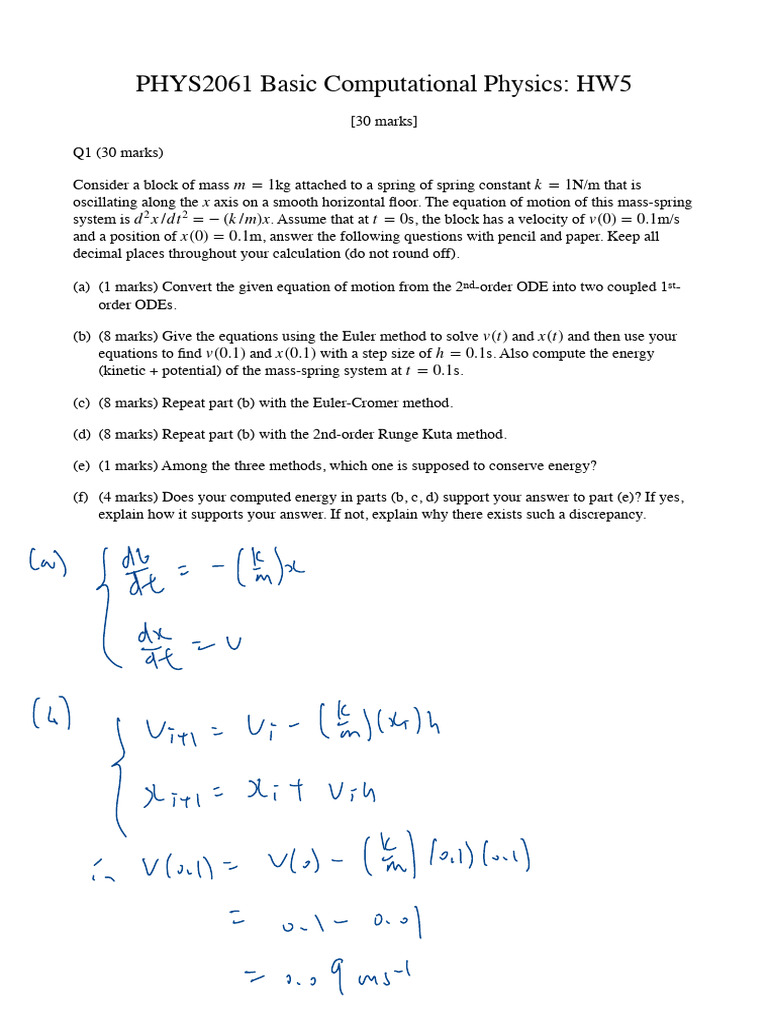 PHYS2061 Basic Computational Physics: HW5: M K X D X DT K M X T V X | PDF | Equations Of Motion ...