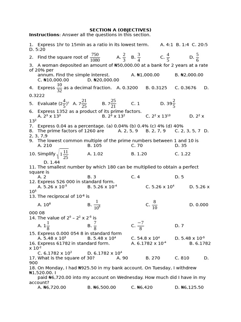 JSS 2 Maths Exam 1ST Term 2023-1 | PDF | Percentage | Ratio