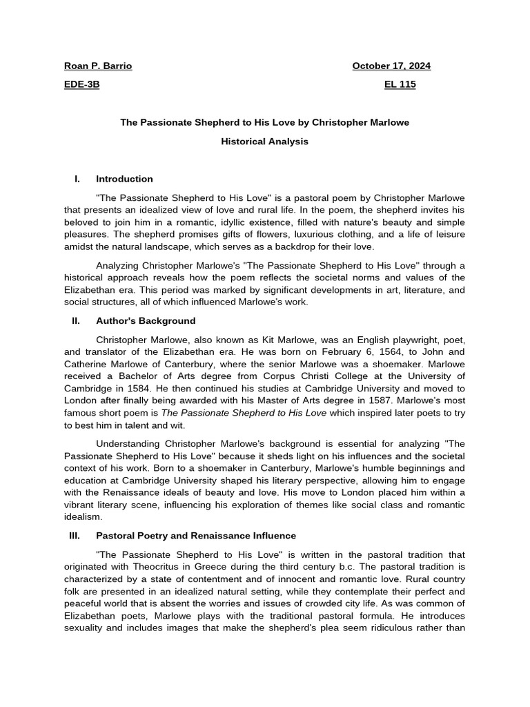 The Passionate Shepherd To His Love | PDF | Christopher Marlowe