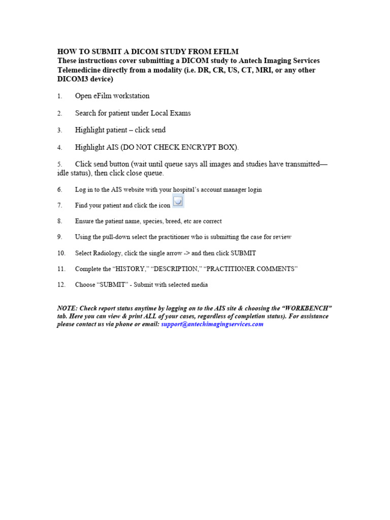 Submit DICOM Study via eFilm Guide | PDF