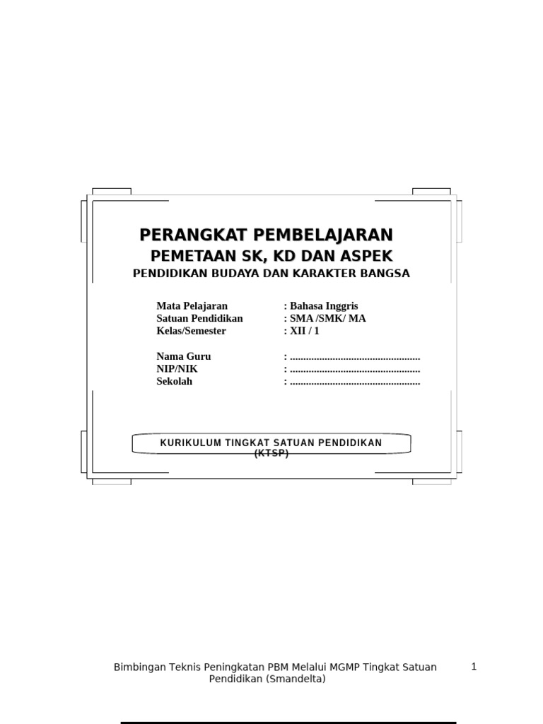 2.pemetaan SK KD Bhs Inggris Kelas Xii Semester 1 | PDF