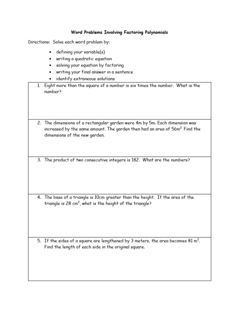 Factoring Polynomials Word Problems | PDF