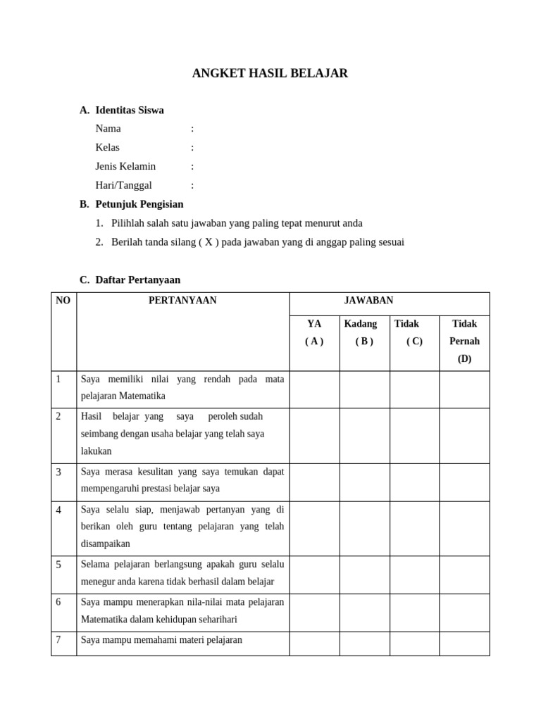 Angket Motivasi Belajar Siswa | PDF