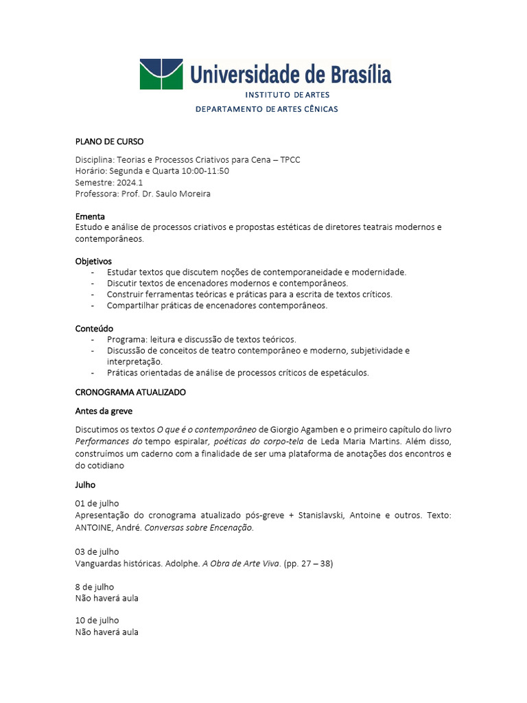 Plano de Curso e Cronograma Atualizados - Teorias e Processos Criativos para Cena - TPCC | PDF ...