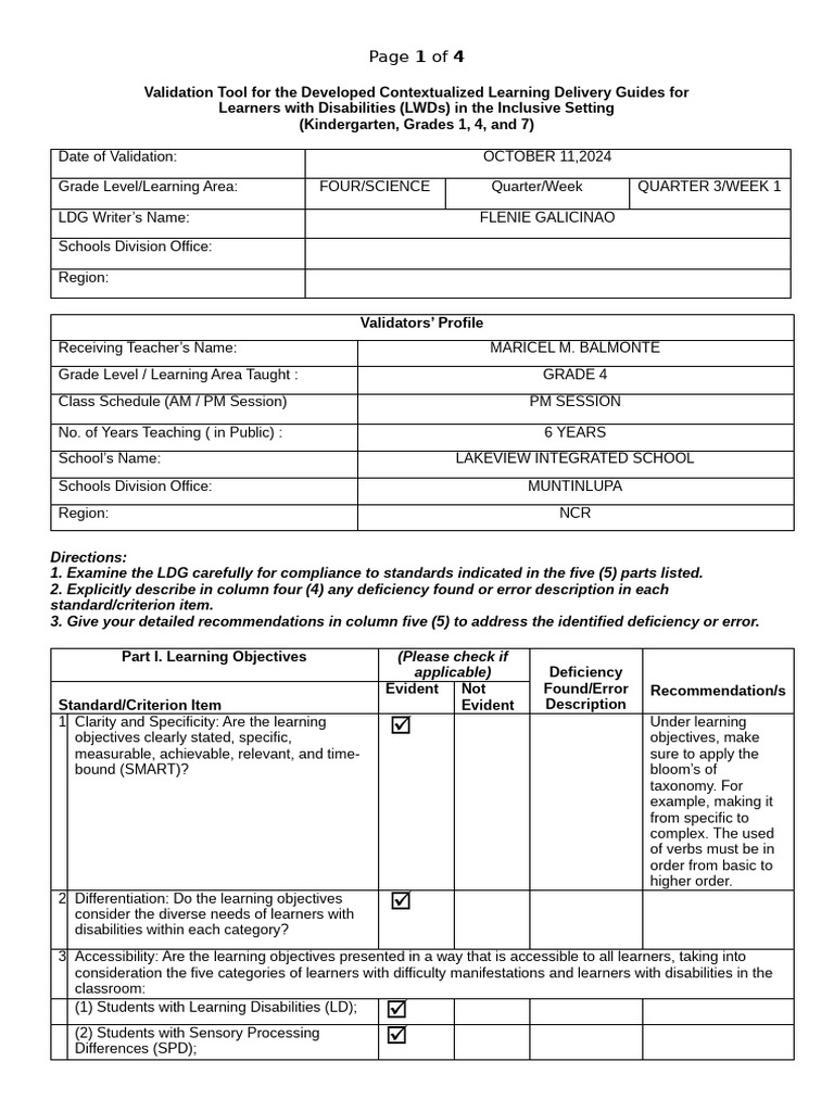 October 11 Science4 Quarter 3 Week1 Validation Tool - Word Format - Contextualized Learning ...