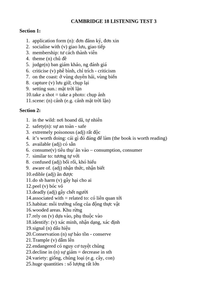 Cambridge 18 Listening Test 3 - Vocab | PDF