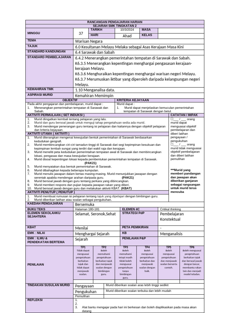 RPH SMK Minggu 37 Sejarah Tingkatan 2 2024 2025 by Cikgu Gorgeous | PDF