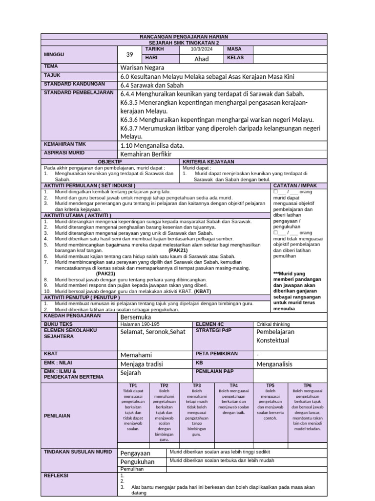 RPH SMK Minggu 39 Sejarah Tingkatan 2 2024 2025 by Cikgu Gorgeous | PDF