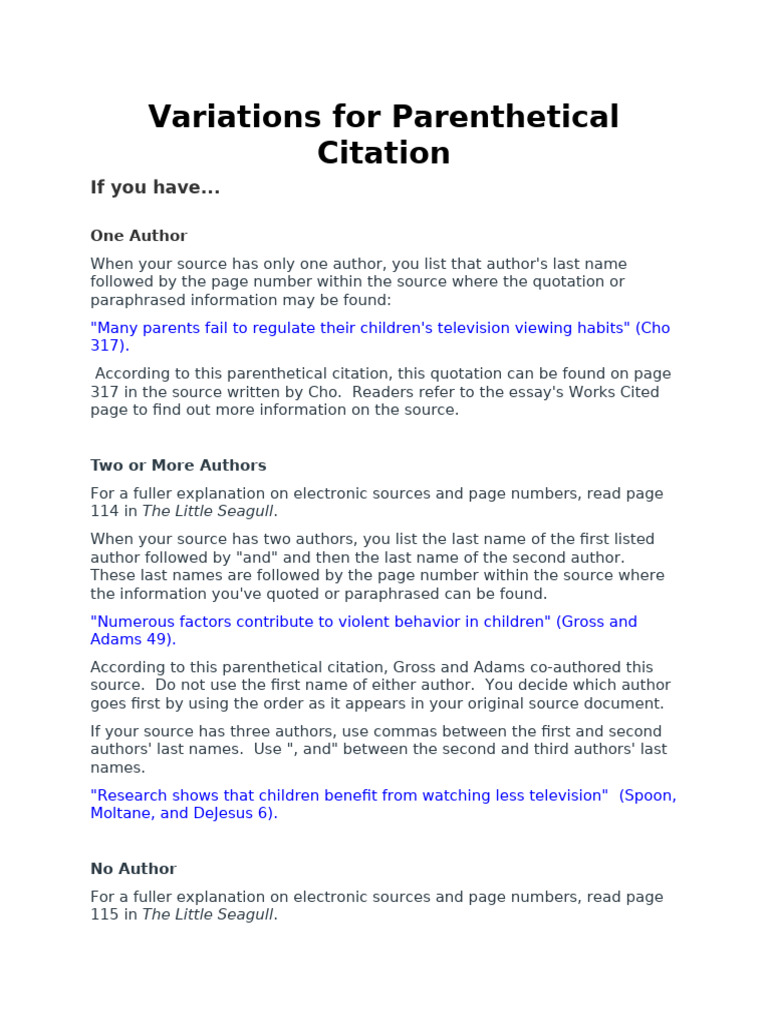 Variations For Parenthetical Citation | PDF | Citation | Publishing