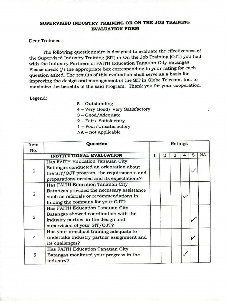 Mvb-Supervised Industry Training or On The Job Training Evaluation Form ...
