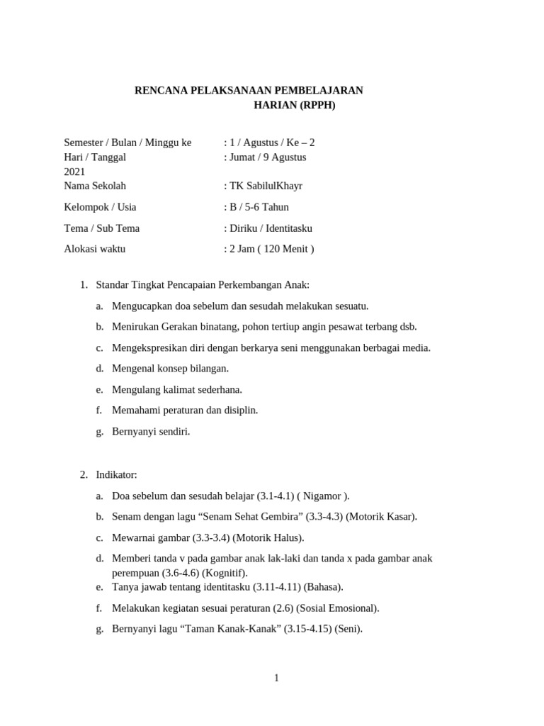 RPPH Tema Diriku: Identitasku TK B | PDF