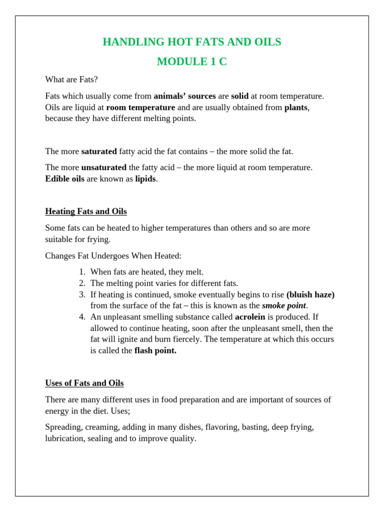 HANDLING HOT FATS AND OILS - BCPM (Module 1 C) | PDF