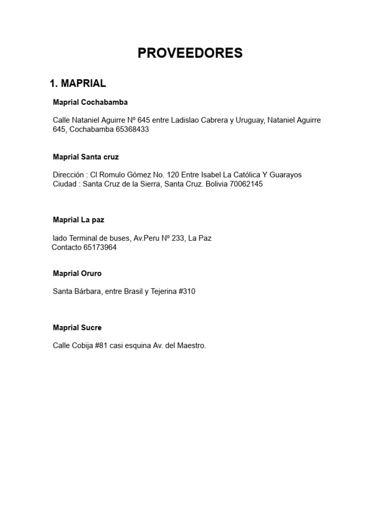 Proveedores en Bolivia: Maprial, Lussac, Aquibol, Telchi | PDF