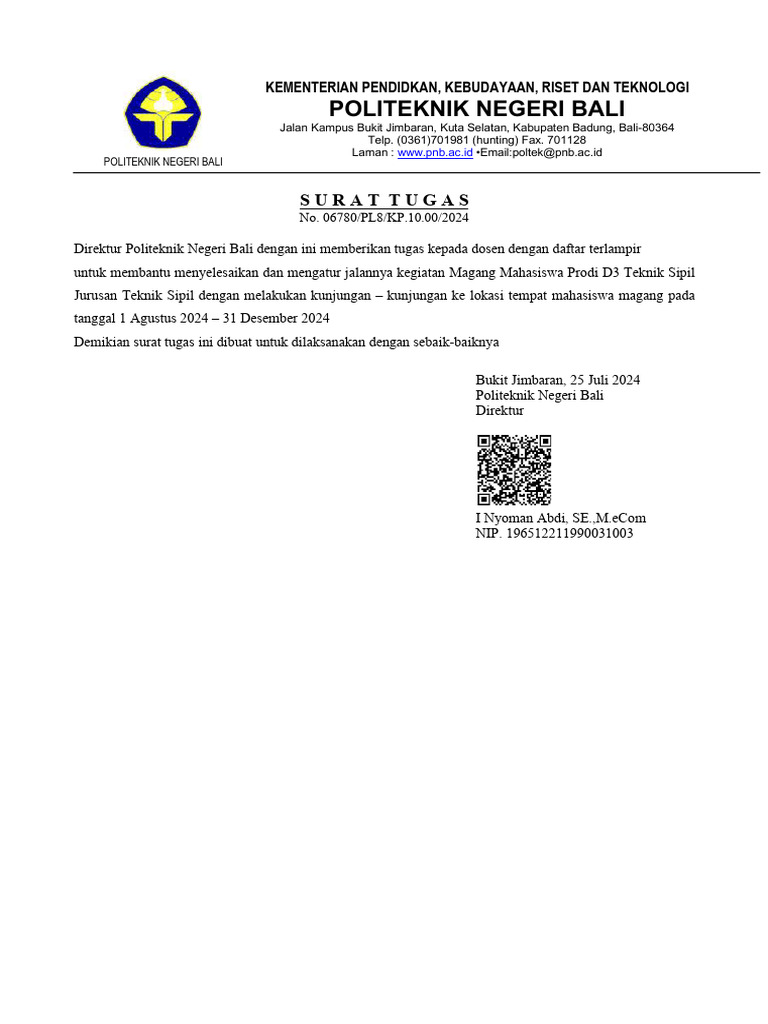 Surat Tugas Magang Teknik Sipil PNB 2024 | PDF
