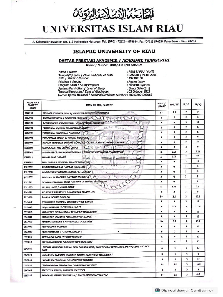 Transkip Nilai Reni | PDF