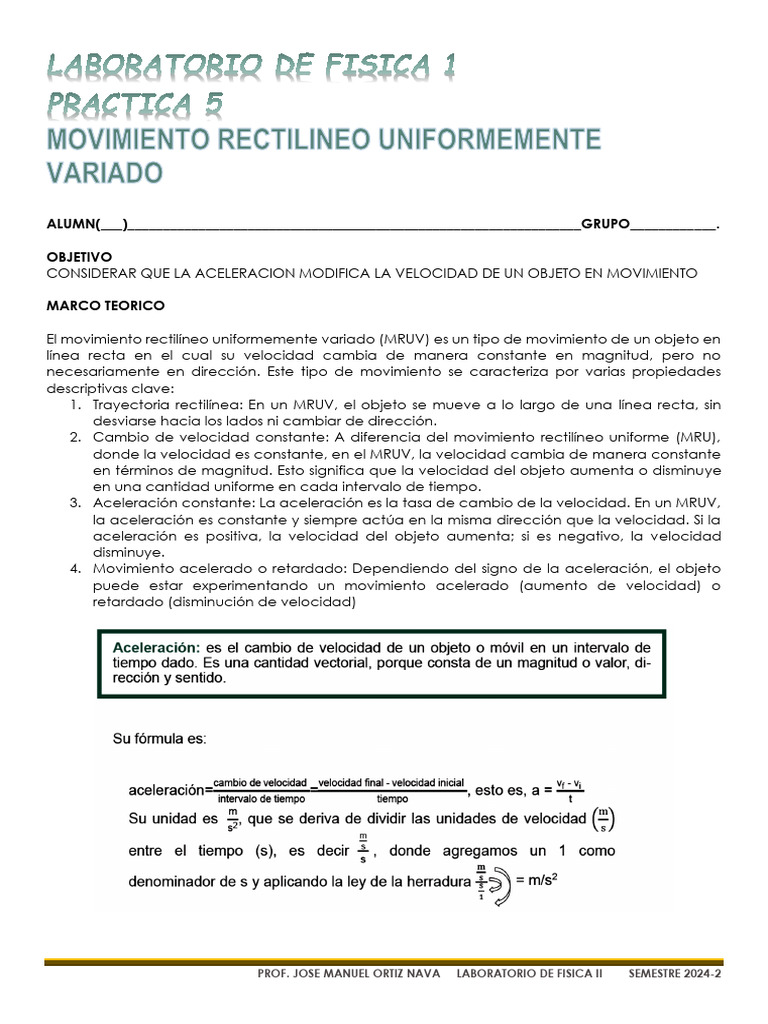 MRUV: Práctica de Laboratorio | PDF | Aceleración | Velocidad