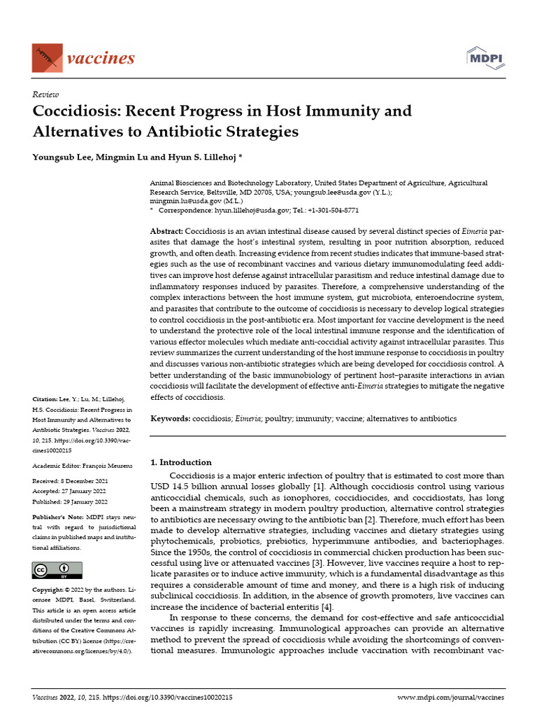 Coccidiosis Recent Progress in Host Immunity and Alternatives To ...