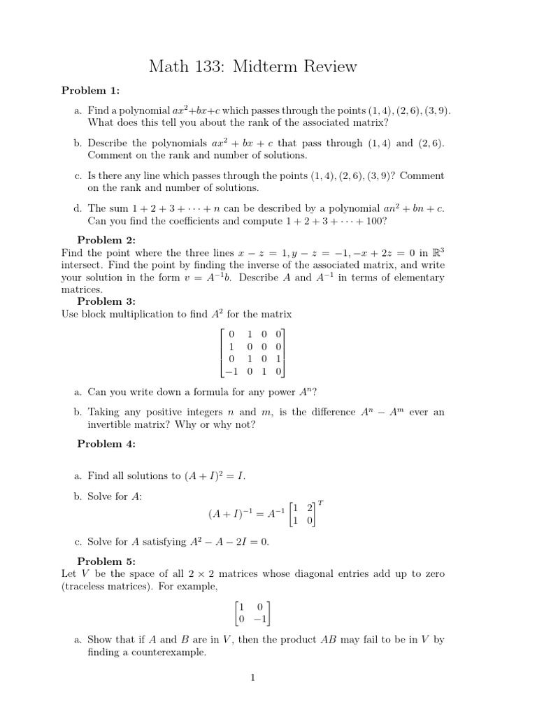 Math 133 Midterm Review | PDF | Matrix (Mathematics) | Mathematical Physics